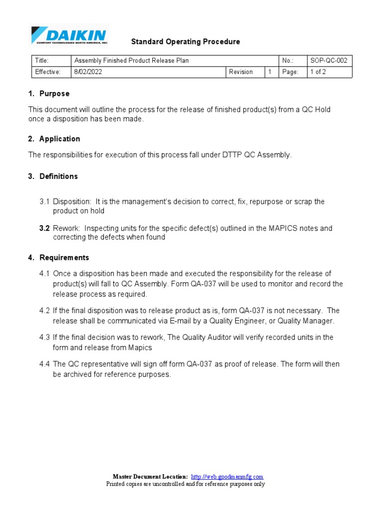 SOP-QC-002 - Finished Product Release Plan | PDF | Business