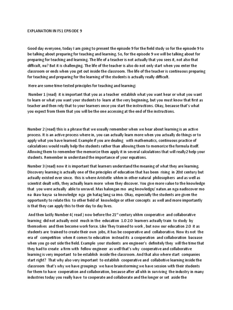 Explanation in FS1 Episode 9 | PDF | Learning | Teachers Explanation in FS1 Episode 9 | PDF | Learning | Teachers