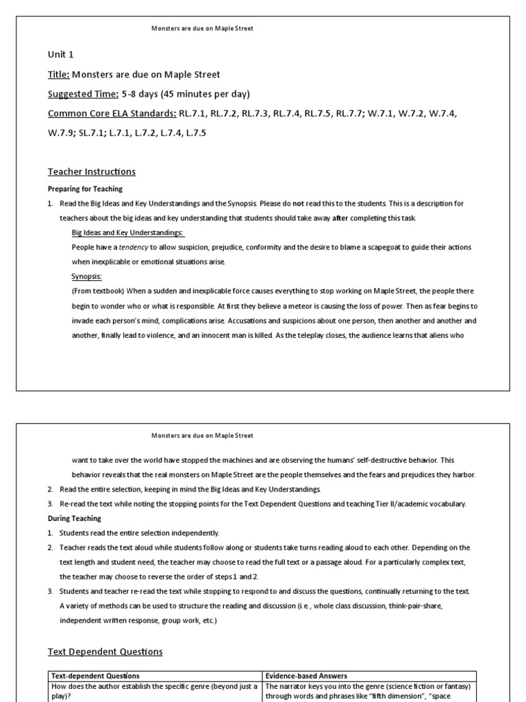 Monsters Are Due On Maple Street. Lesson - Story | PDF