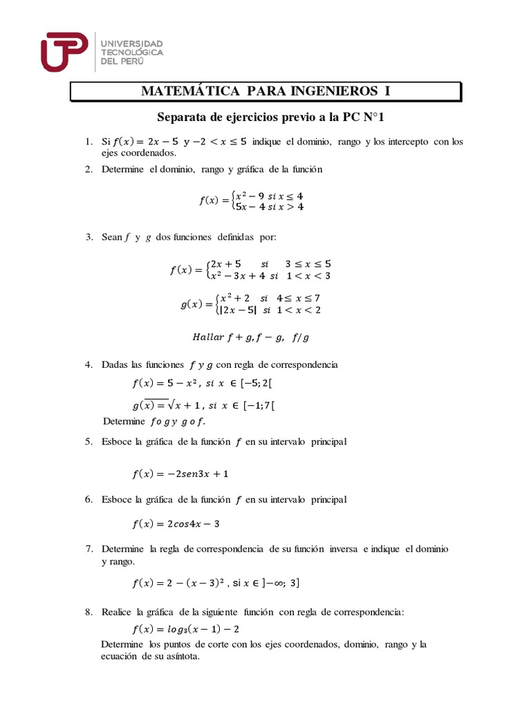 Ejercicios de Matematica/Pre Examen Calificado 1 | PDF