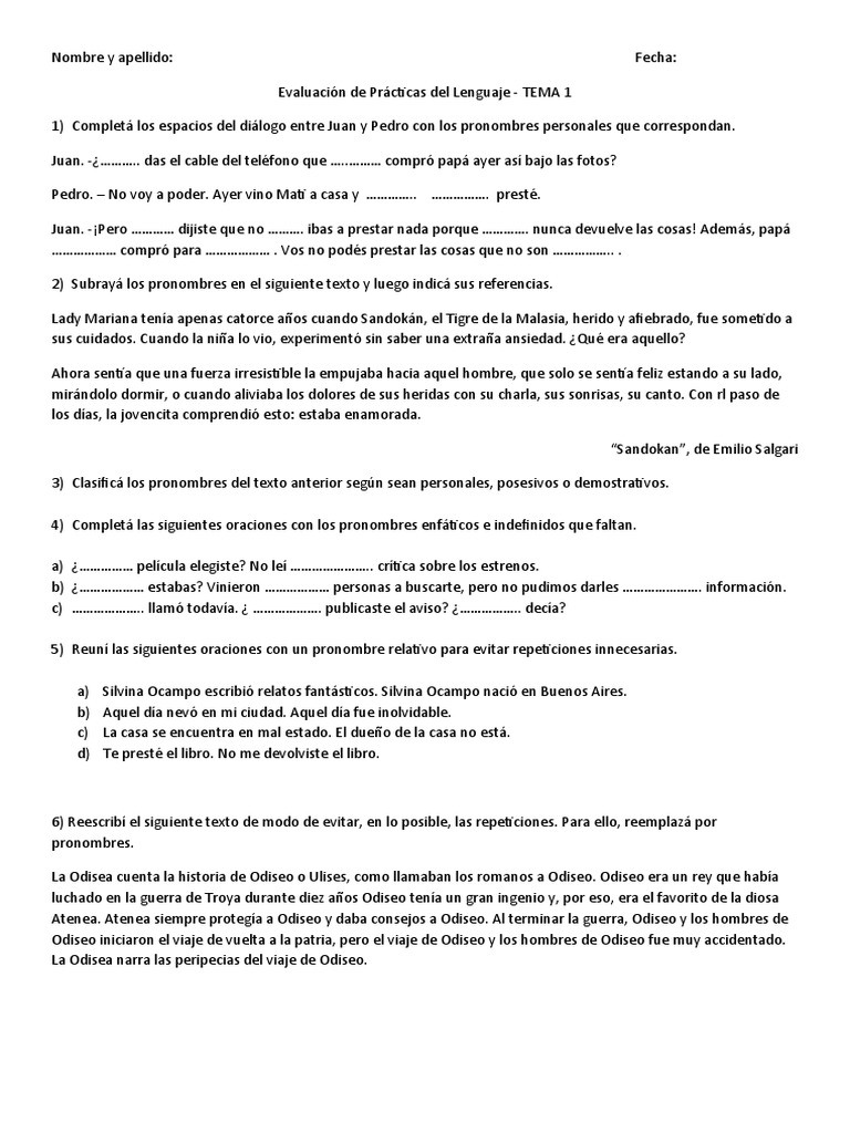 Evaluacion Pronombres Primer Año | PDF | Odiseo | Odisea