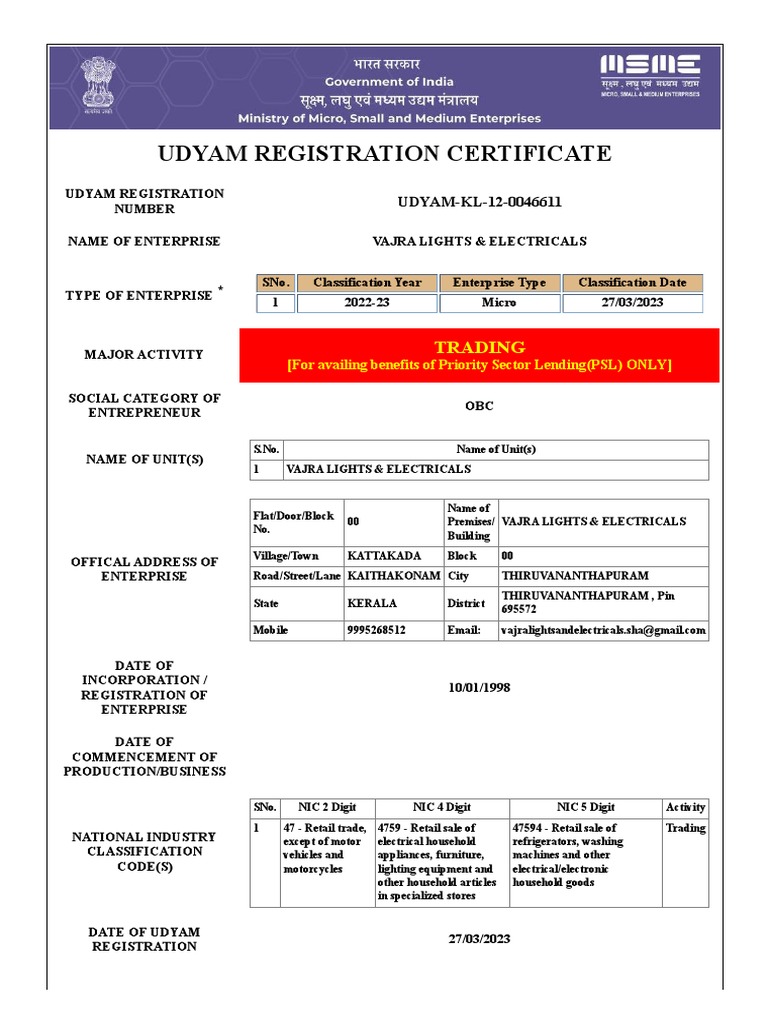 Print - Udyam Registration Certificate111111 | Download Free PDF ...