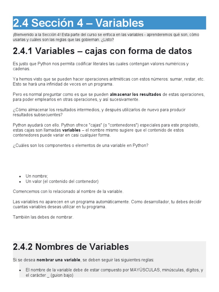 Corso Python - 2.4 Sección 4 - Variables | PDF | Python (lenguaje de ...