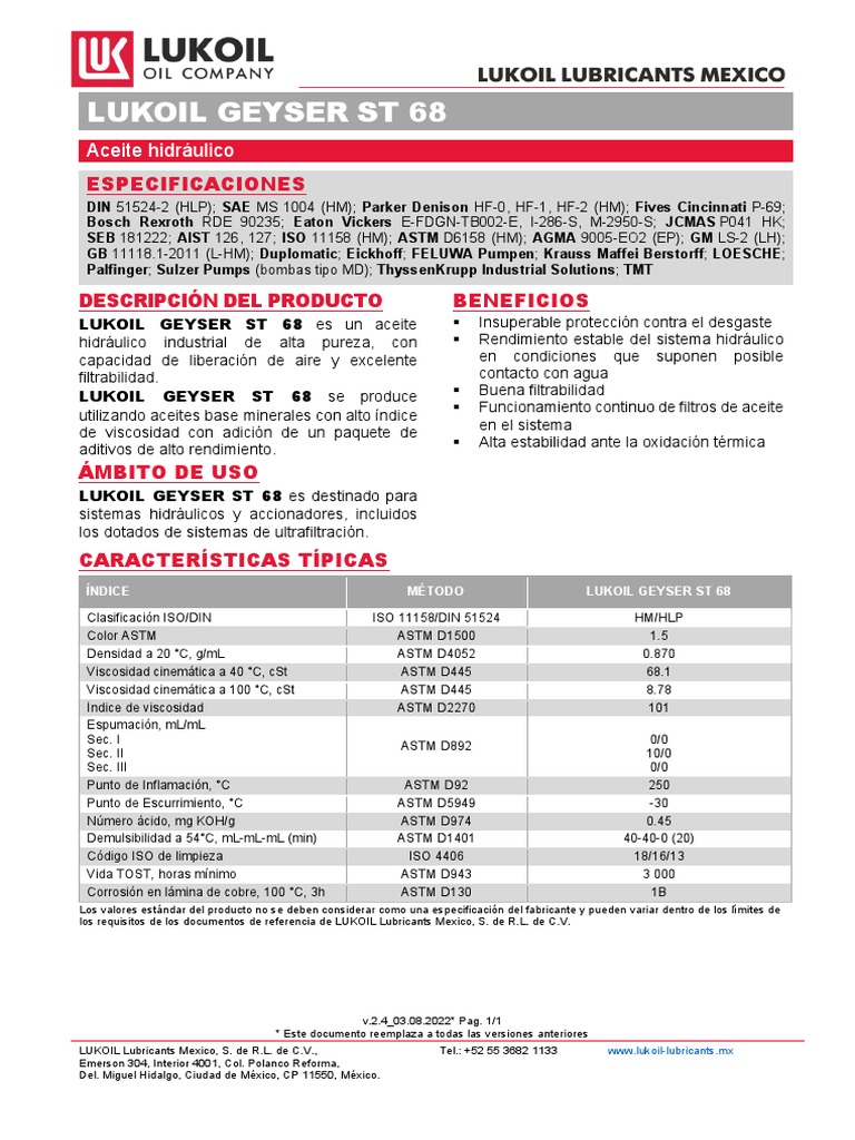 Aceite Hidráulico LUKOIL Geyser ST 68 | PDF | Naturaleza | Materia suave