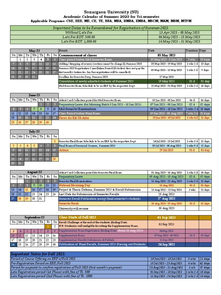 Sonargaon University Summer 2023 Calendar | PDF | Academic Term ...