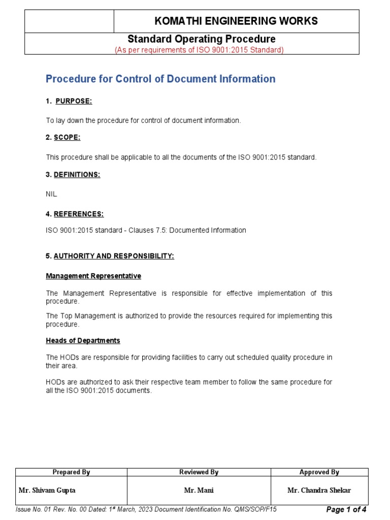 QMS-SOP-F15 - Procedure For Control of Document Information | PDF ...