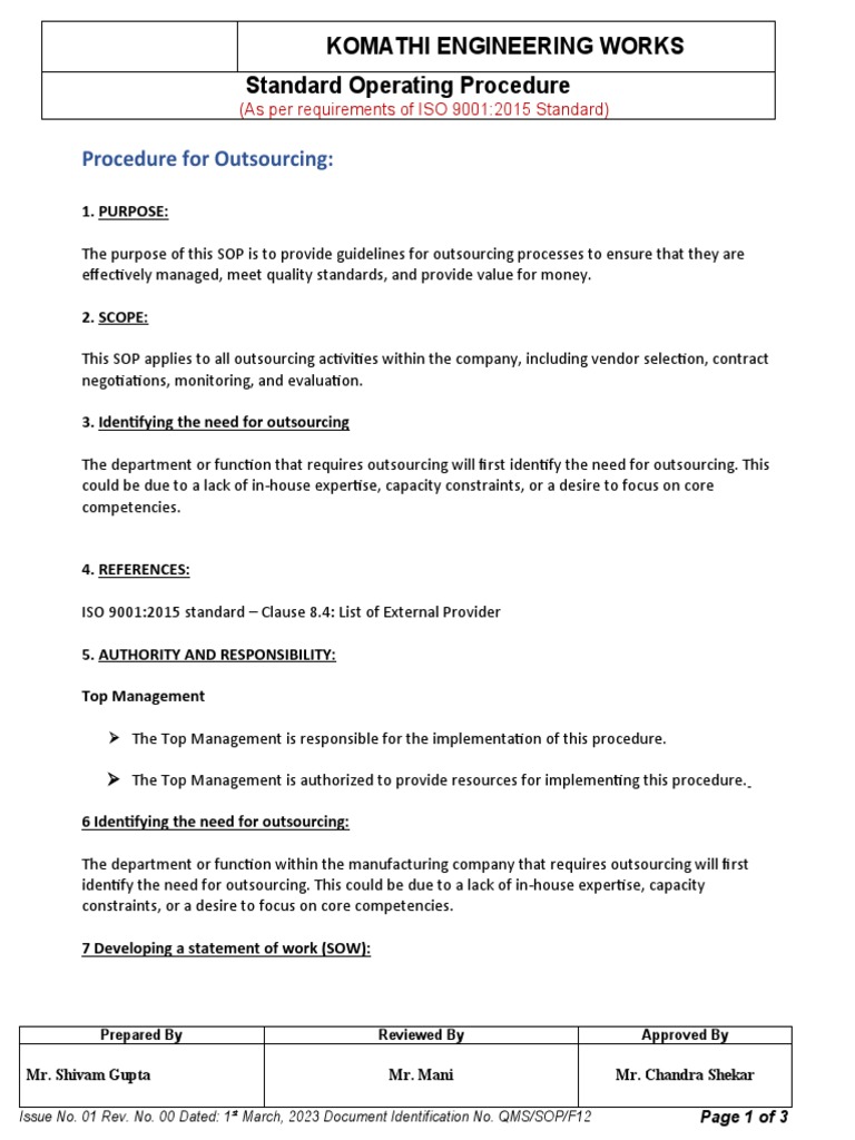 QMS-SOP-F12 Outsourcing | PDF | Request For Proposal | Outsourcing