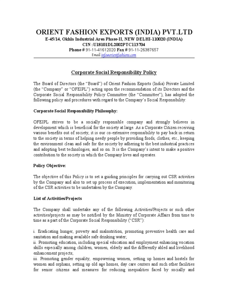CSR Orient Fashion | PDF | Corporate Social Responsibility | Welfare