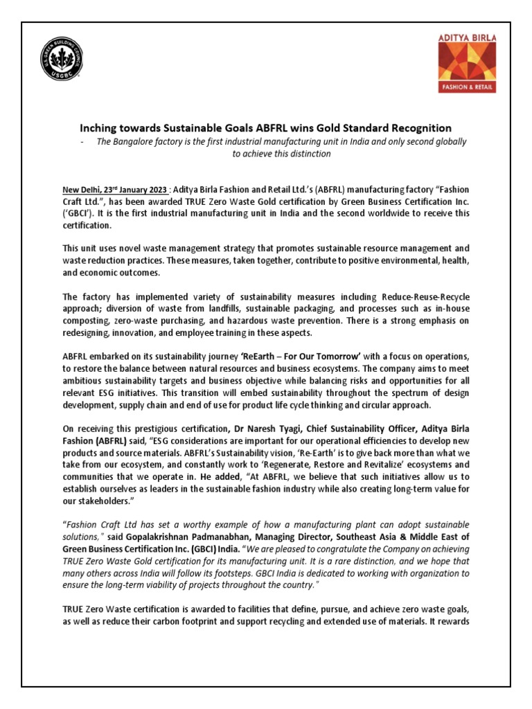 Inching Towards Sustainable Goals ABFRL Wins Gold Standard Recognition ...
