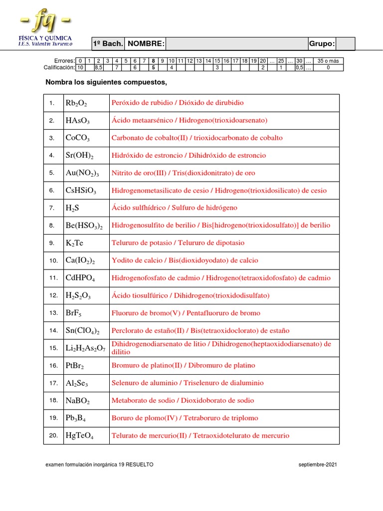 examen formulación inorgánica 19 RESUELTO | PDF | Naturaleza | Química Física