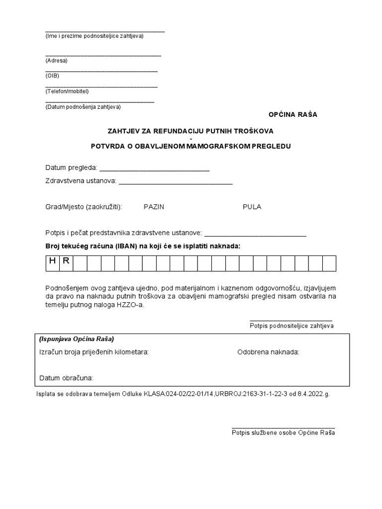 Zahtjev Za Putne Troskove Mamografski Pregled | PDF