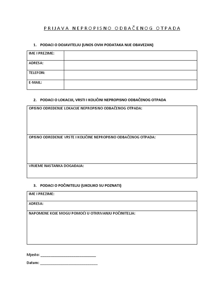 Obrazac Prijava Nepropisno Odbacenog Otpada | PDF
