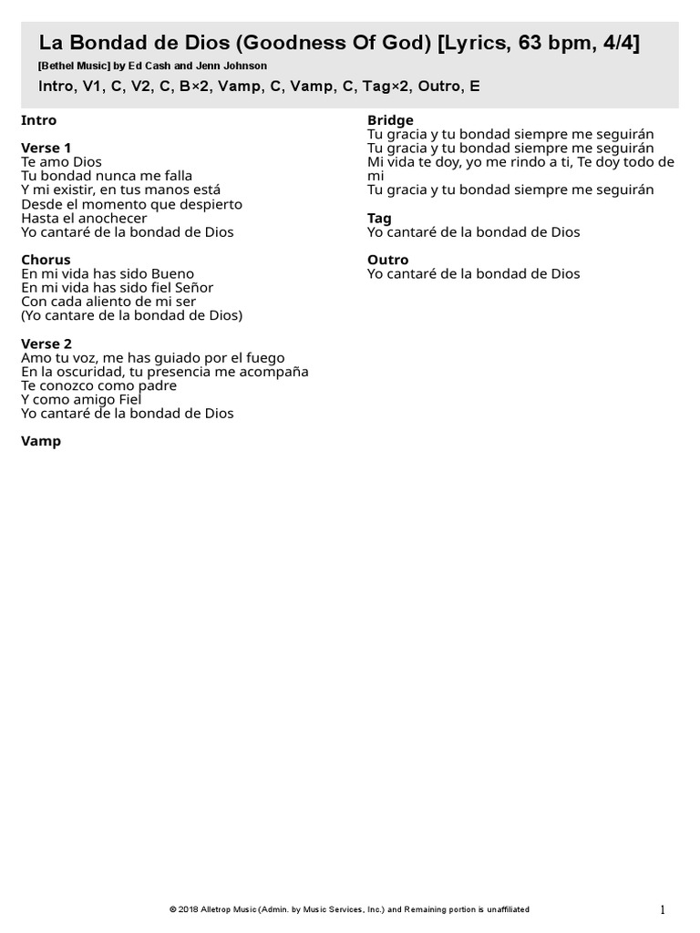 La Bondad de Dios (Goodness of God) - Lyrics | PDF