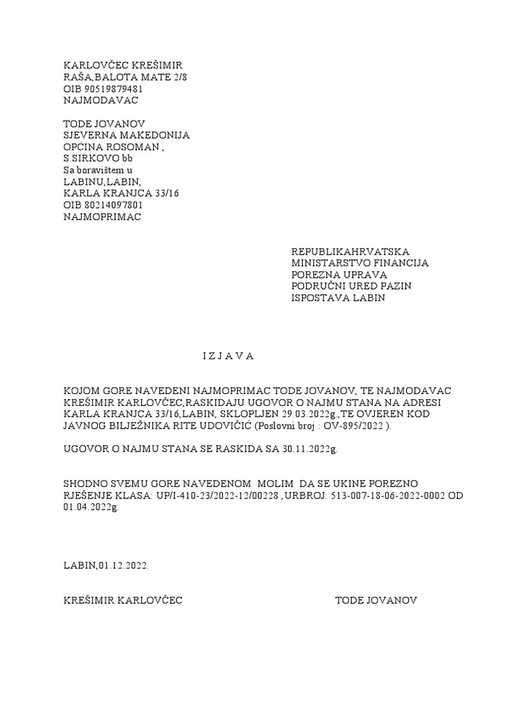 Raskid Ugovora o Najmu, Porezna Uprava | PDF