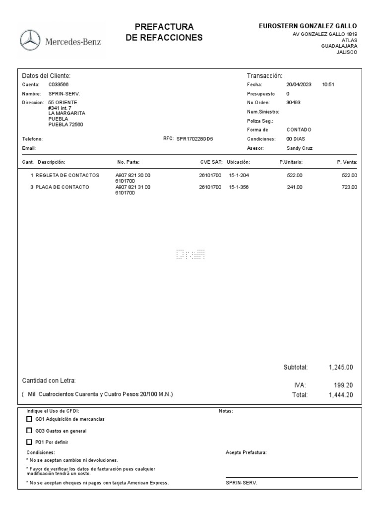 Documento de prefactura para la venta de refacciones automotrices a cliente SPRIN-SERV | PDF ...