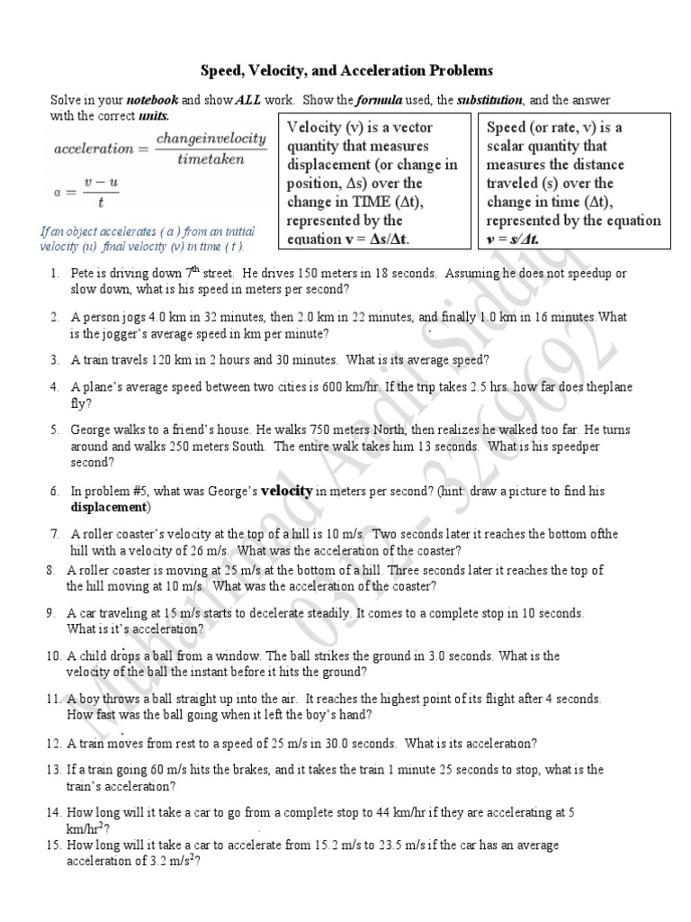 Speed, Velocity, and Acceleration Problems | PDF
