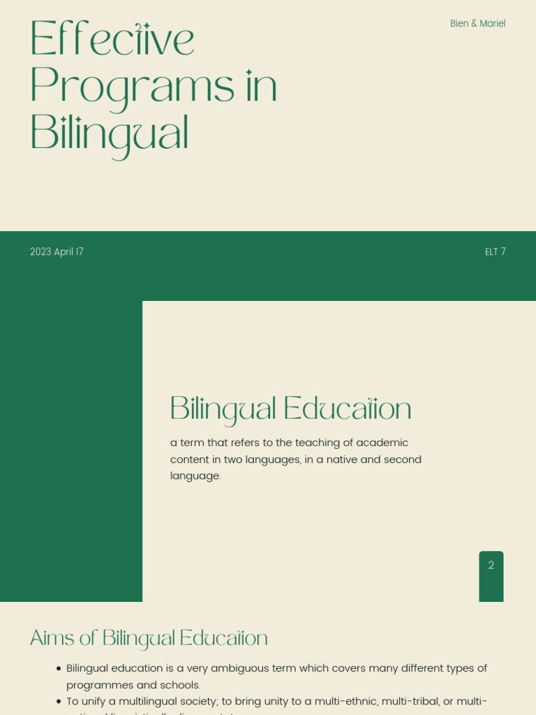 ELT 7 - Effective Programs in Bilingual by Bien & Mariel | PDF