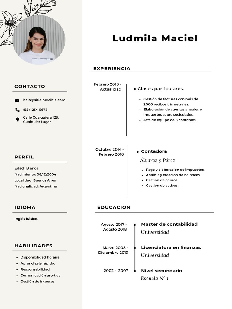 Curriculum Con Foto y Flores Simple Contador en Beige Blanco y Negro ...