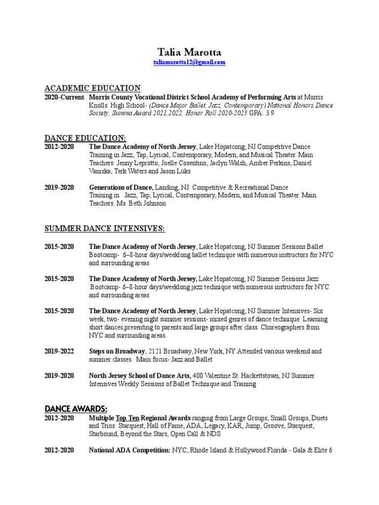 Talia Marotta - Final CV | PDF | Dances | Choreography