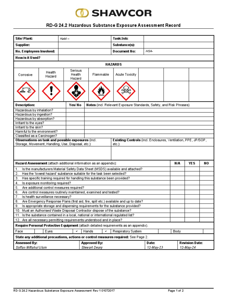 RD-G 24.1 Hazardous Substance Exposure Assessment Record - TEMPLATE ...