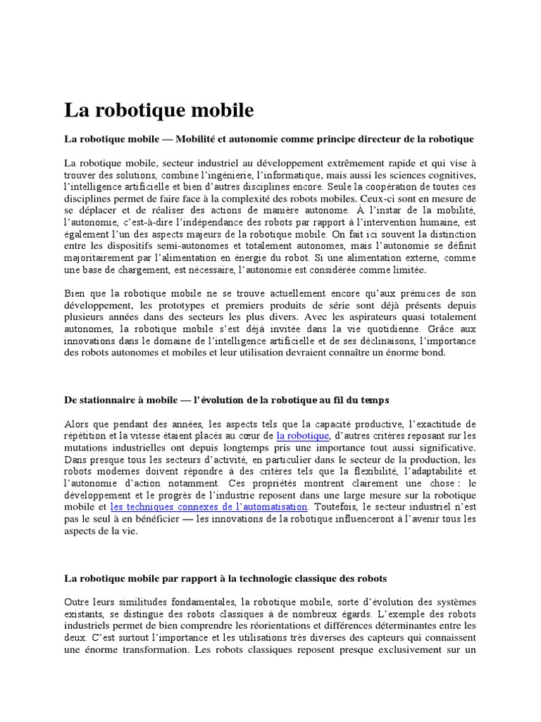 Robotique mobile : autonomie et applications | PDF | Technologie et ...