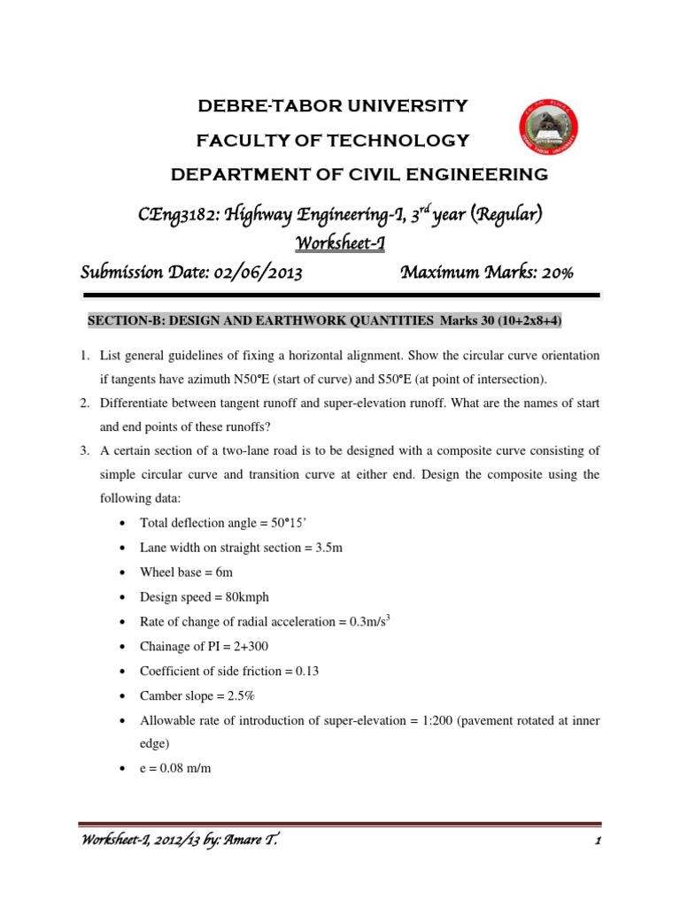 Assignment Highway Engg For 2013 | PDF | Speed | Slope