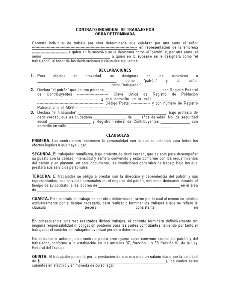 Contrato Individual de Trabajo Obra Determinada | PDF | Salario | Seguro
