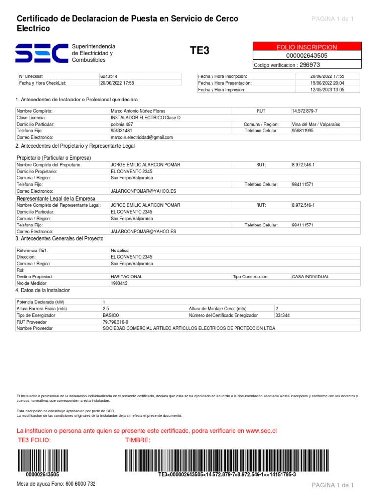 Certificacion Sec Cerco Electrico TE3 | PDF