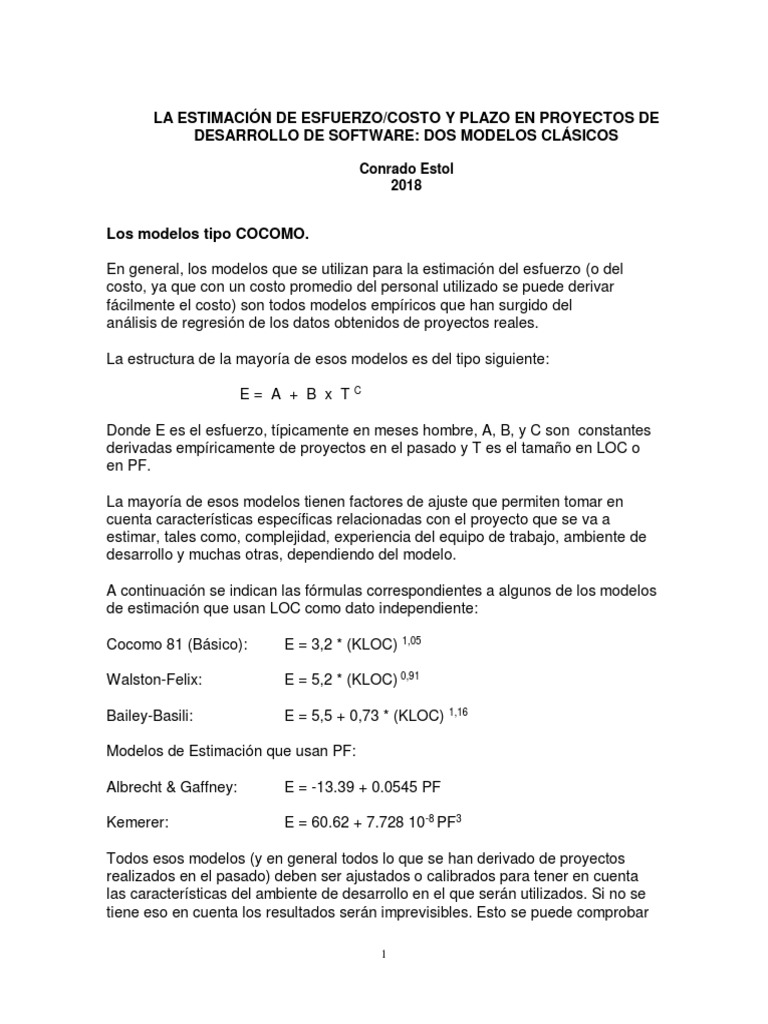 La Estimacion de Esfuerzo Costo y Plazo en Proyectos de Desarrollo de Software Dos Modelos ...