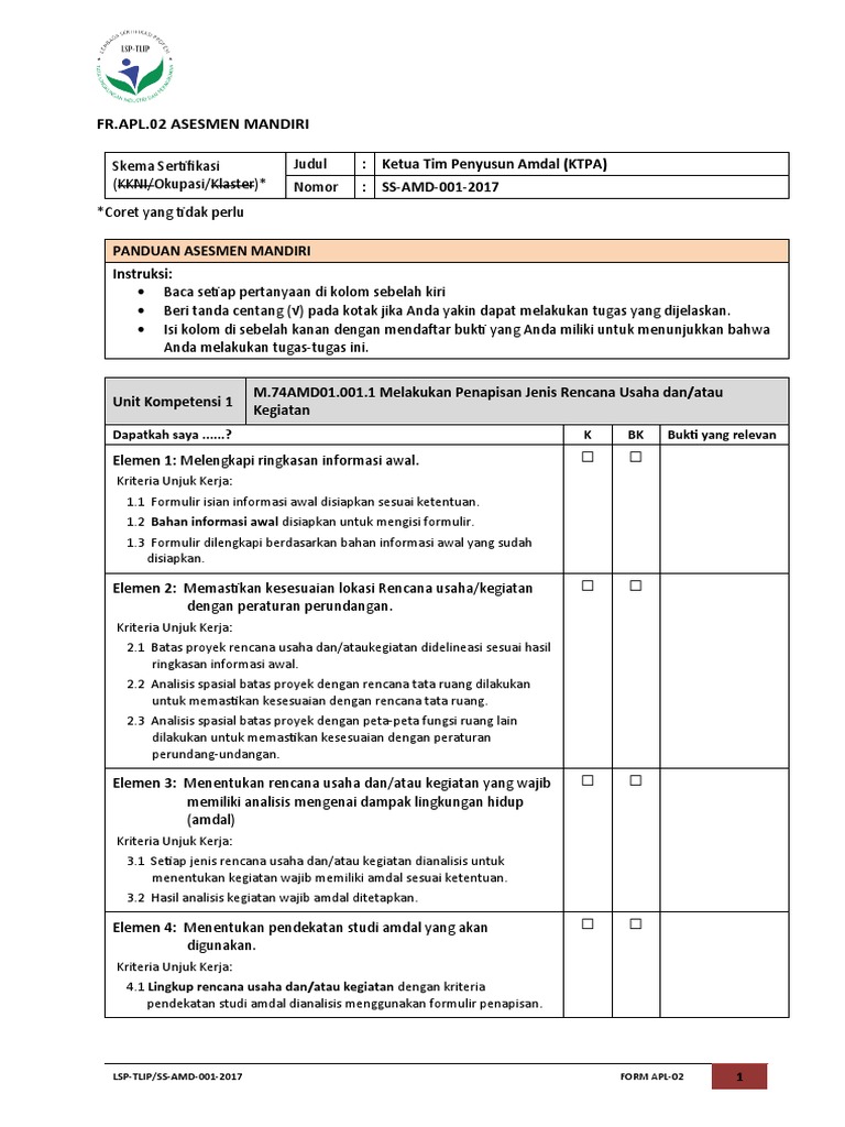 03 FR - APL - .02 Asesmen Mandiri KTPA | PDF