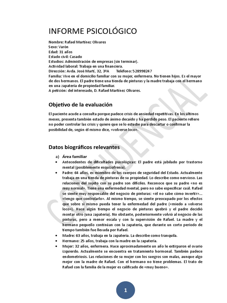 Informe Psicolã"gico para La Actividad | PDF | Depresión (estado de ánimo) | Trastorno depresivo ...
