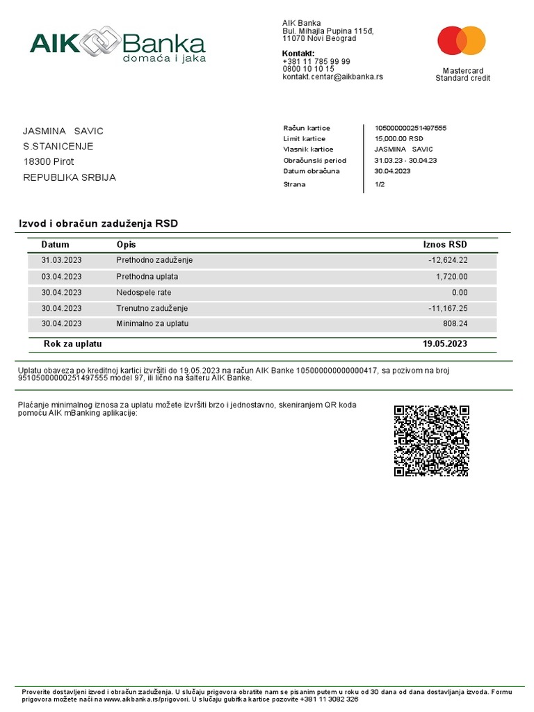 Izvod I Obračun Zaduženja RSD: Jasmina Savic S.Stanicenje 18300 Pirot Republika Srbija | PDF