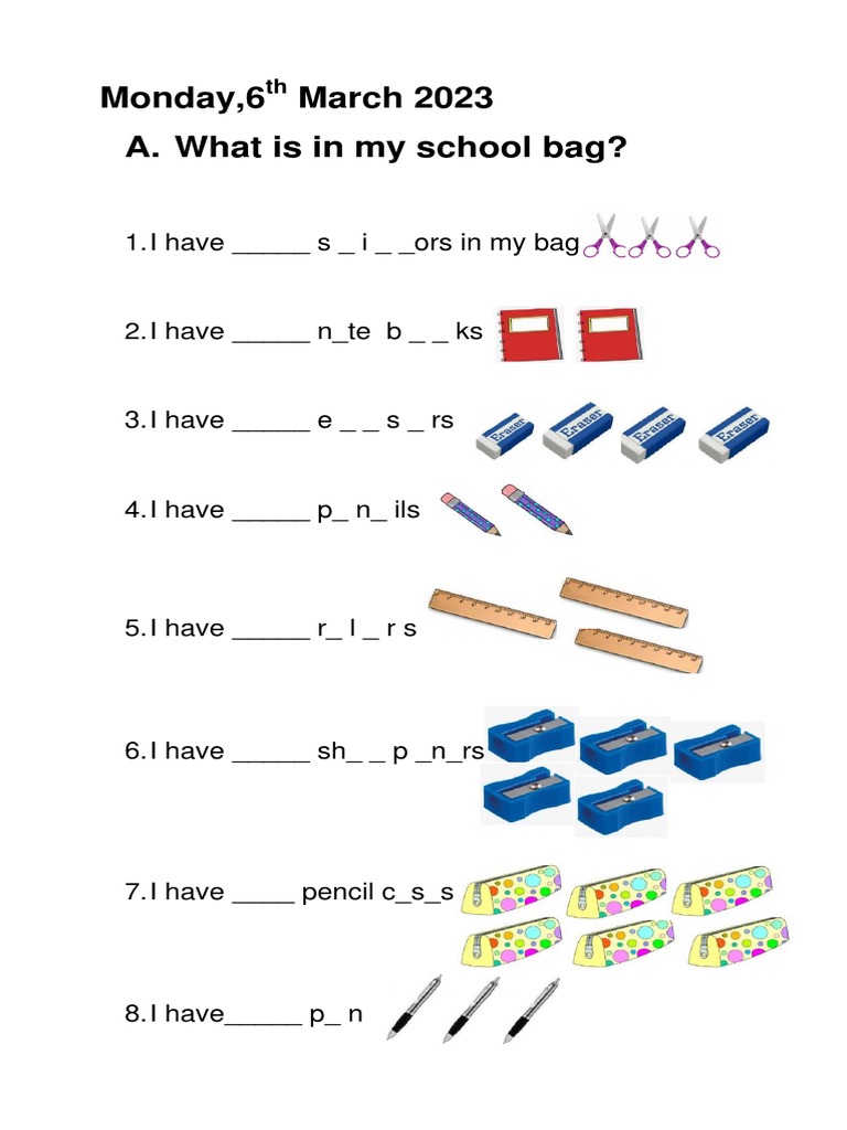 School Bag Contents & Activity Worksheet | PDF