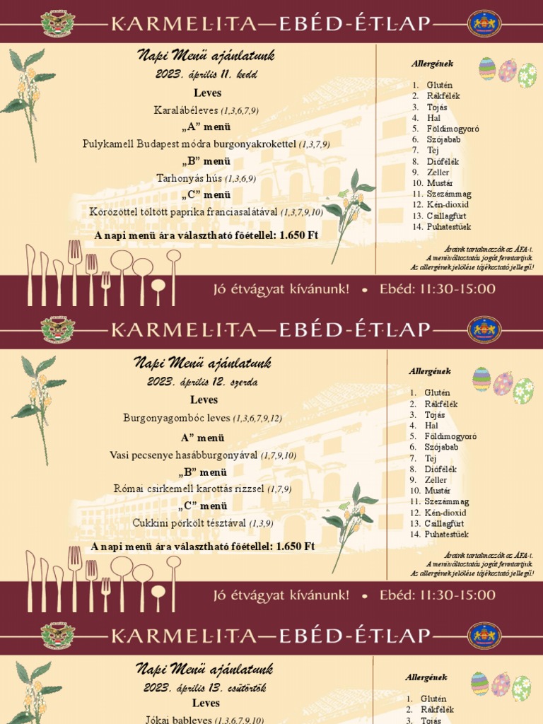 Karmelita Menza Étlap - Napi Menü - (04.11.-04.14.) PDF | PDF