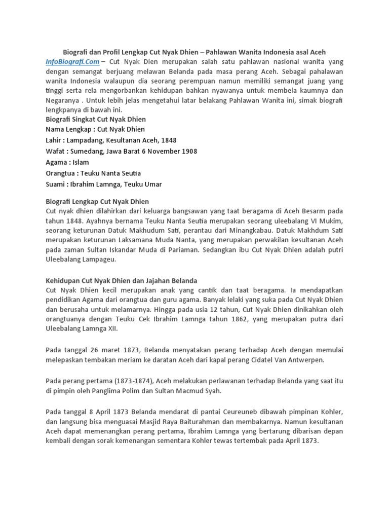 Biografi Dan Profil Lengkap Cut Nyak Dhien | PDF