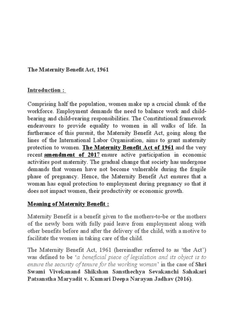 Maternity Benefit Act Overview 1961 | PDF | Employment | Parental Leave