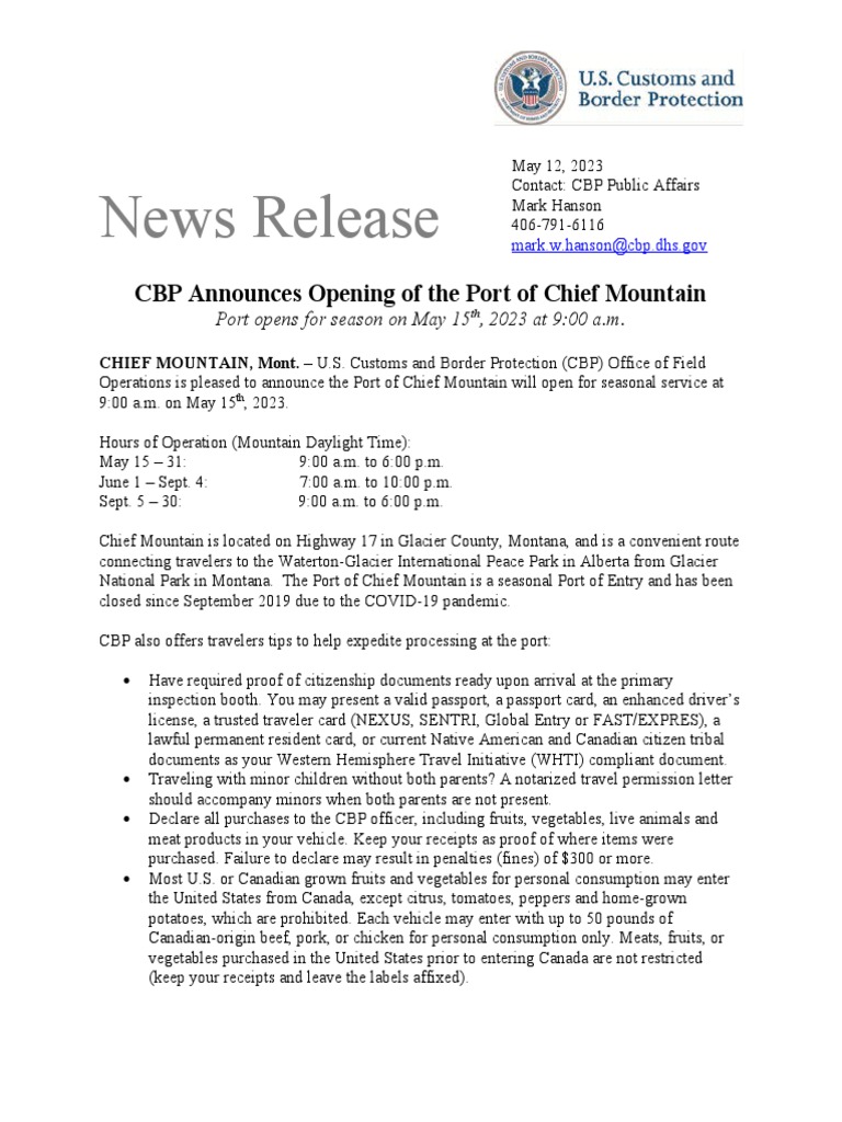 Chief Mountain Port Opening Hours 2023 | PDF