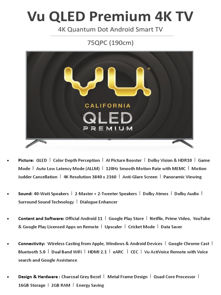 Vu+QLED+Premium+4K+TV Specification 75QPC | PDF | Hdmi | Google Play