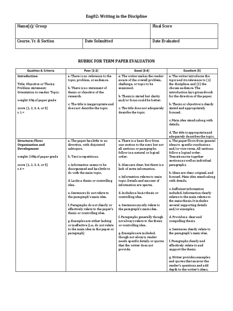 Term Paper Rubric | PDF | Rubric (Academic) | Citation