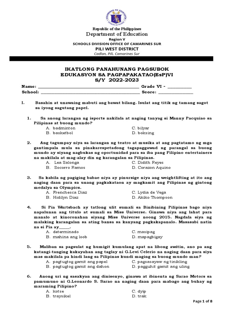 ESP 6 TQ 3RD QUARTER - SMLLANES - Final | PDF