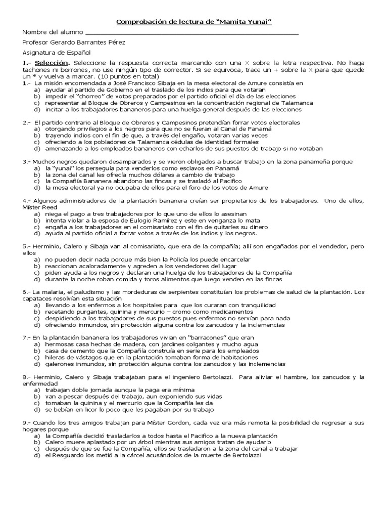 Cuestionario de Mamita Yunai | PDF | Panamá