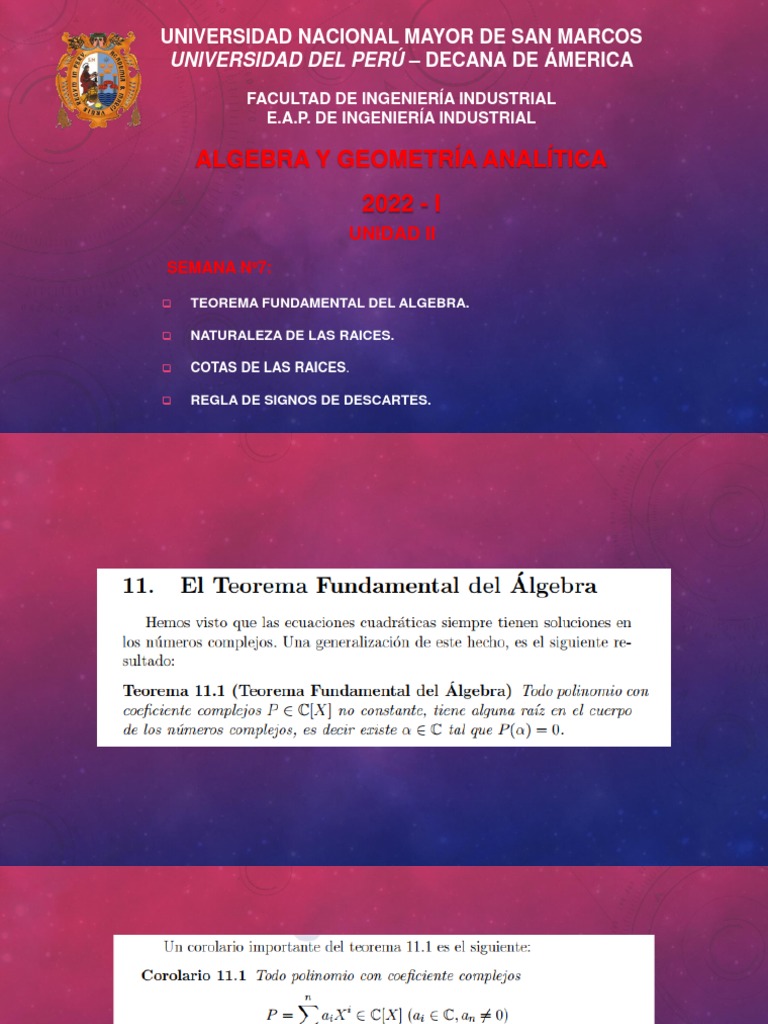 TEOREMA FUNDAMENTAL DEL ALGEBRA Sem 7 PDF | PDF | Álgebra abstracta | Álgebra