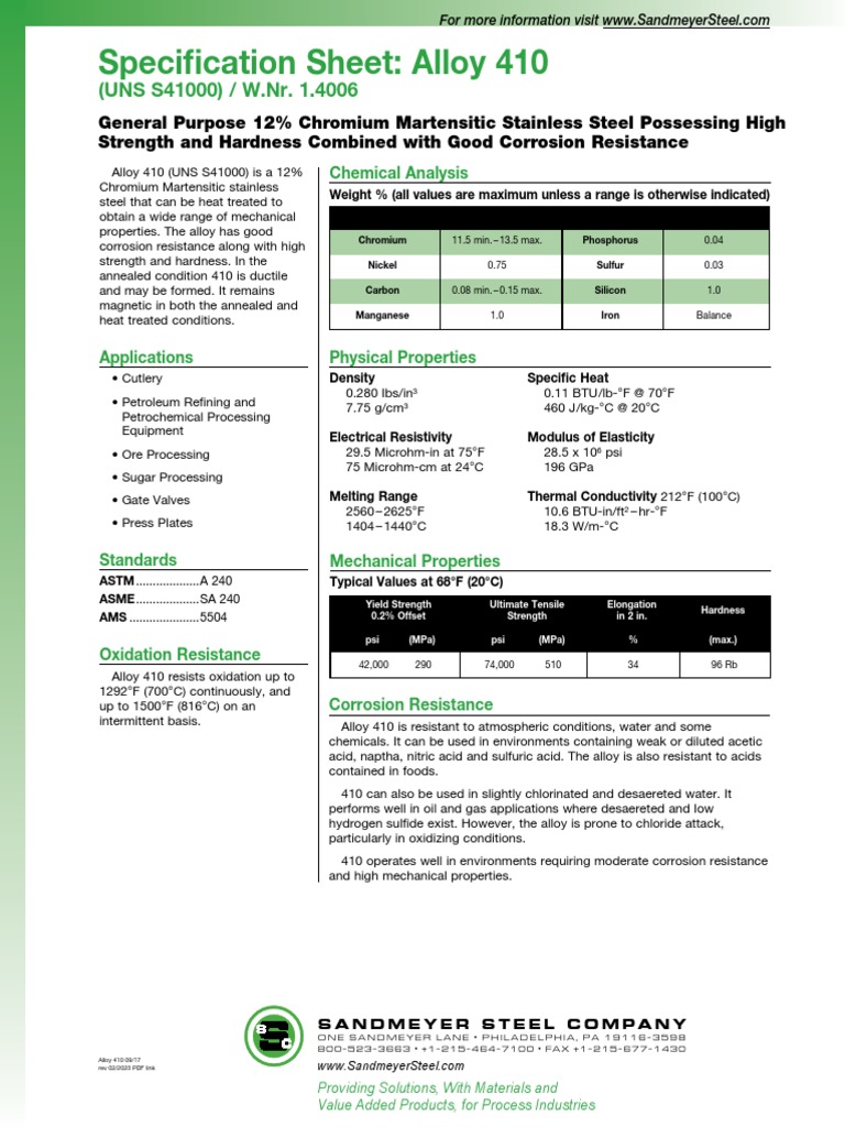 Specification Sheet for Alloy 410 (UNS S41000): A High Strength and ...