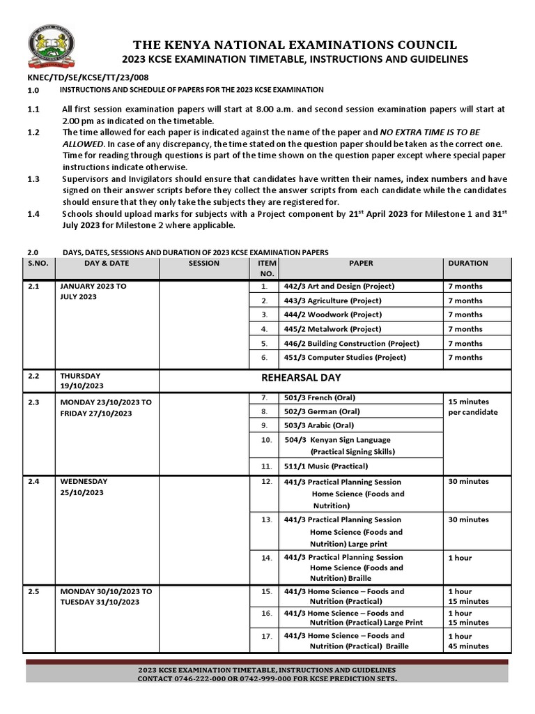 2023 KCSE Timetable Revised. | PDF