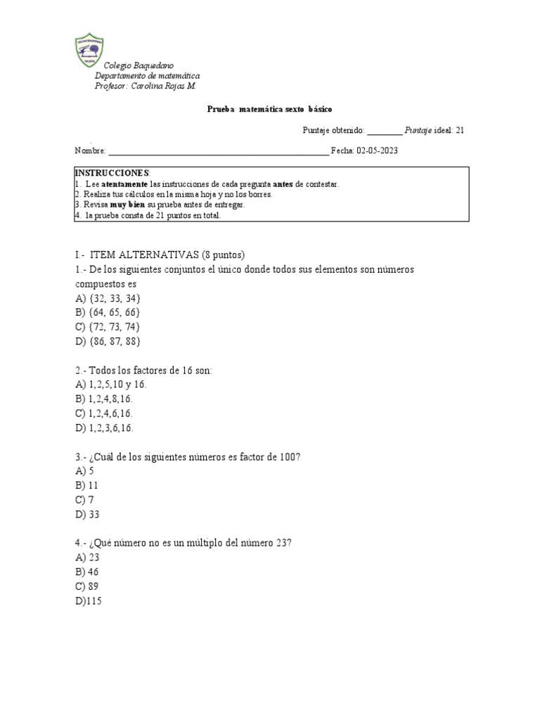 Prueba Sexto Pdf