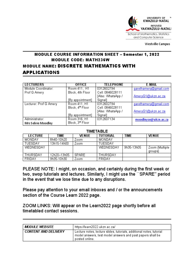 Math236 -2022-Module Information Sheet.docx | PDF | Tutorial | Lecture