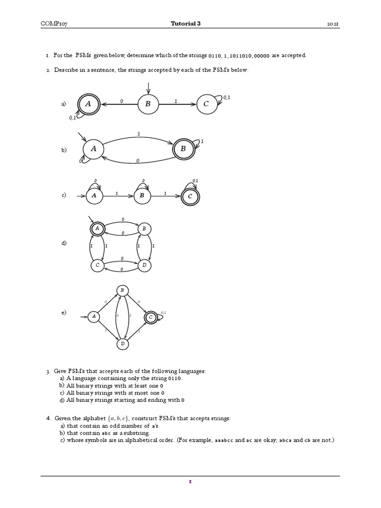 COMP107 Tutorial 3 Strings and Finite State Machines | PDF