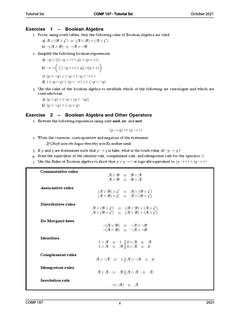 Tutorial 06 PDF | PDF | Boolean Algebra | Teaching Mathematics