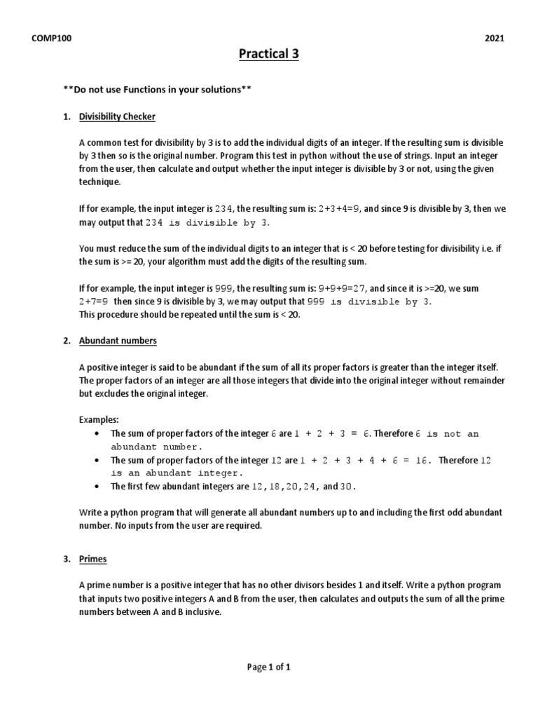 Practical 1 - COMP100 Practical 3 (1).pdf | PDF | Factorization | Prime Number