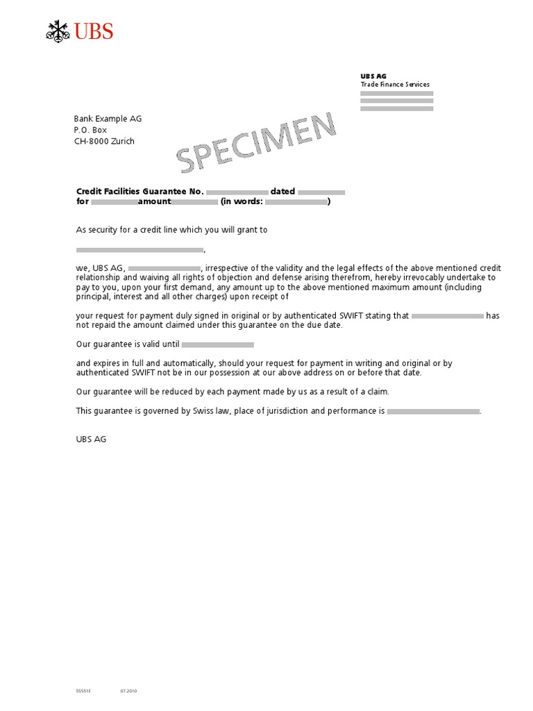 Bank Guarantee Wording UBS Example | PDF